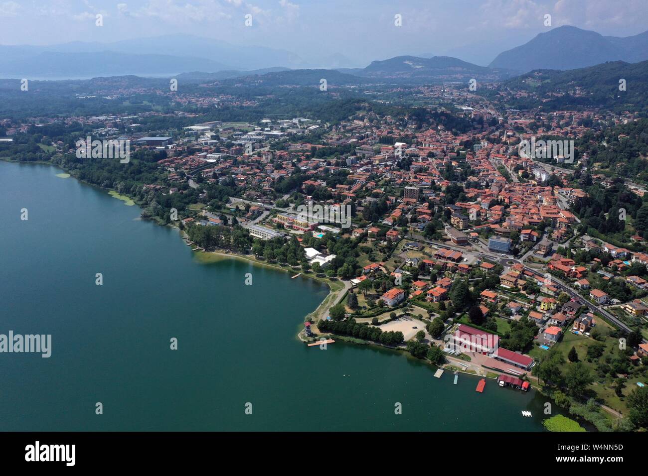 aerial view of Lake Varese with the cities of Gavirate, Biandronno ...