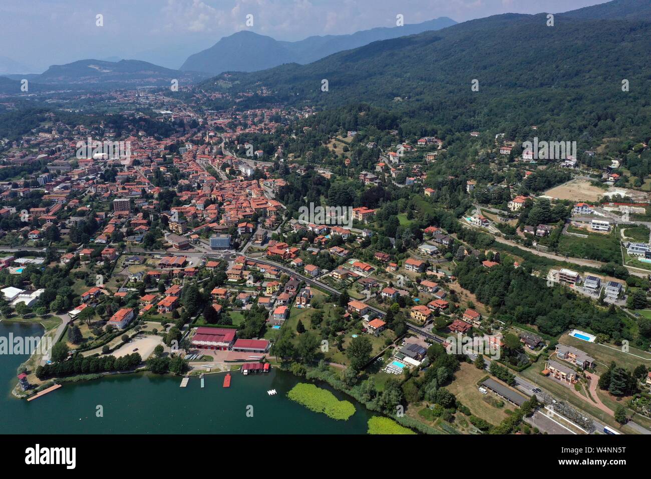 aerial view of Lake Varese with the cities of Gavirate, Biandronno ...