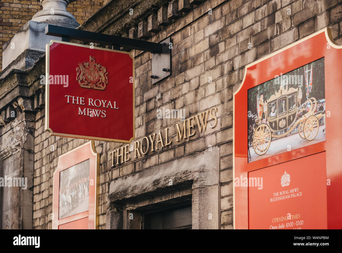 London, UK - July 15, 2019: Sign outside the Royal Mews at Buckingham ...