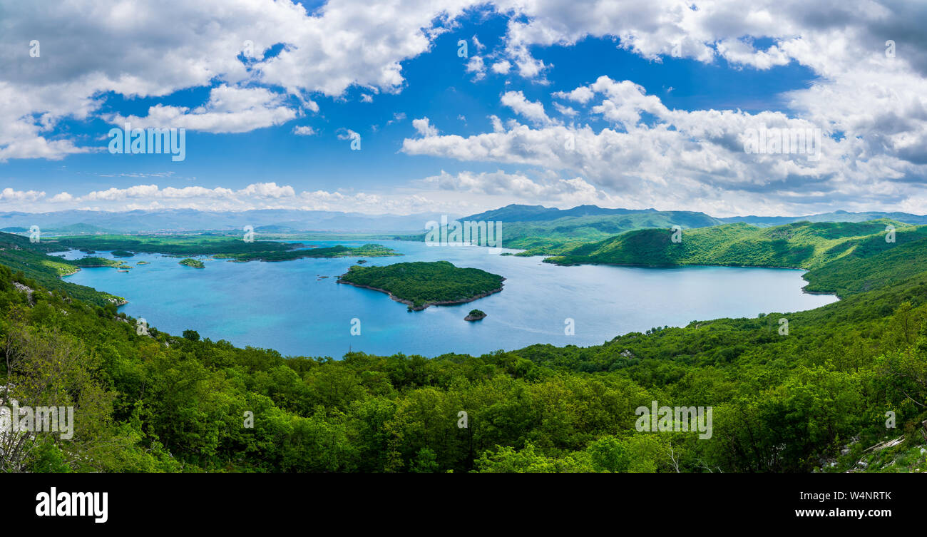 Montenegro, XXL panorama of wide view over green peninsulas and ...