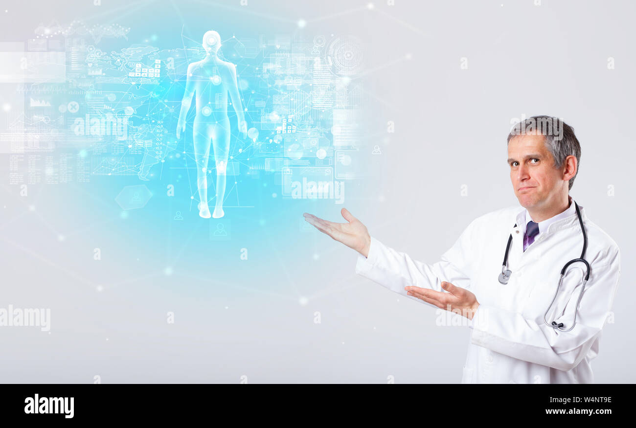 Middle aged scientist with full body map concept Stock Photo - Alamy