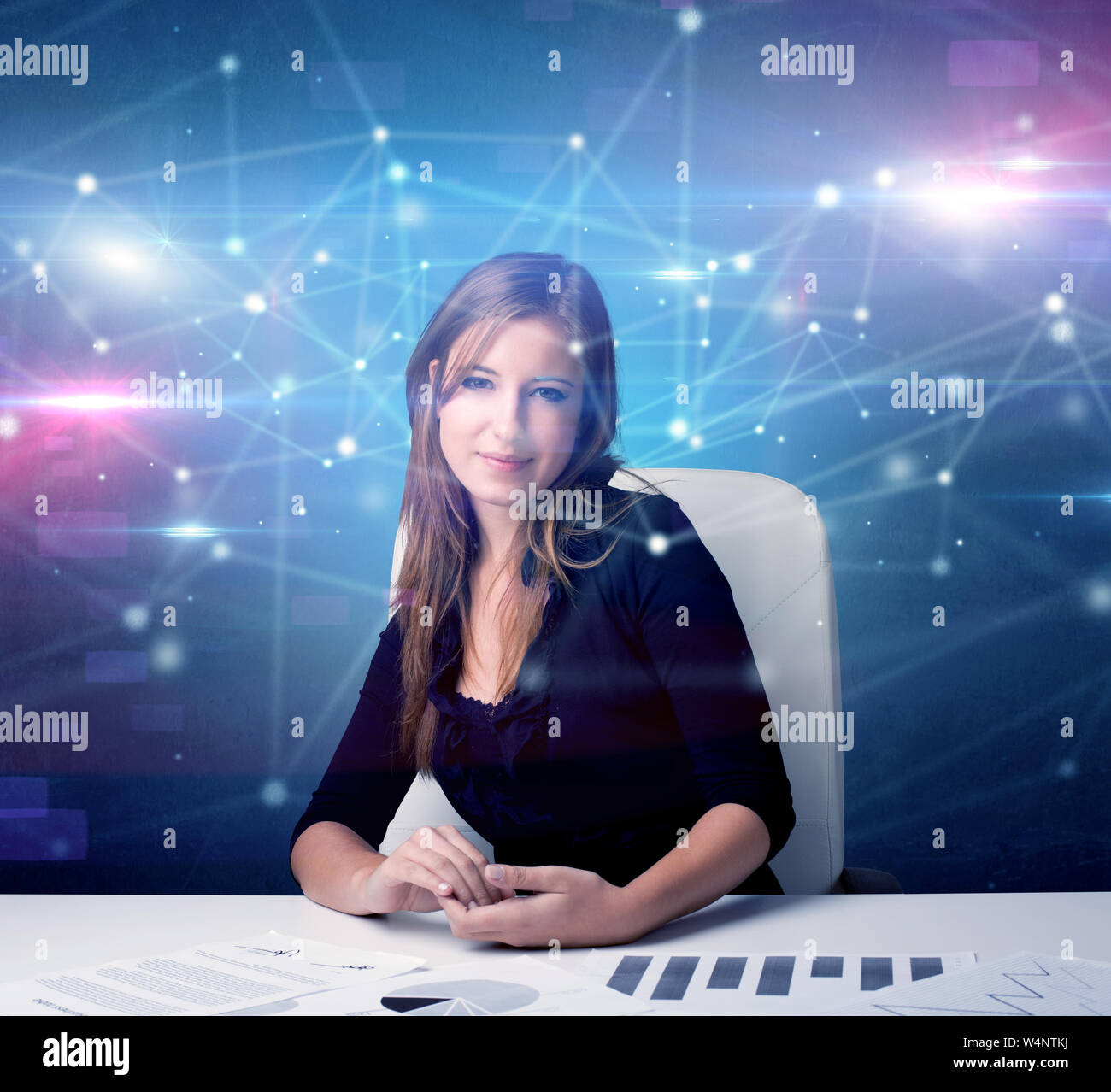 Manager in front of the office desk with networking concept Stock Photo ...