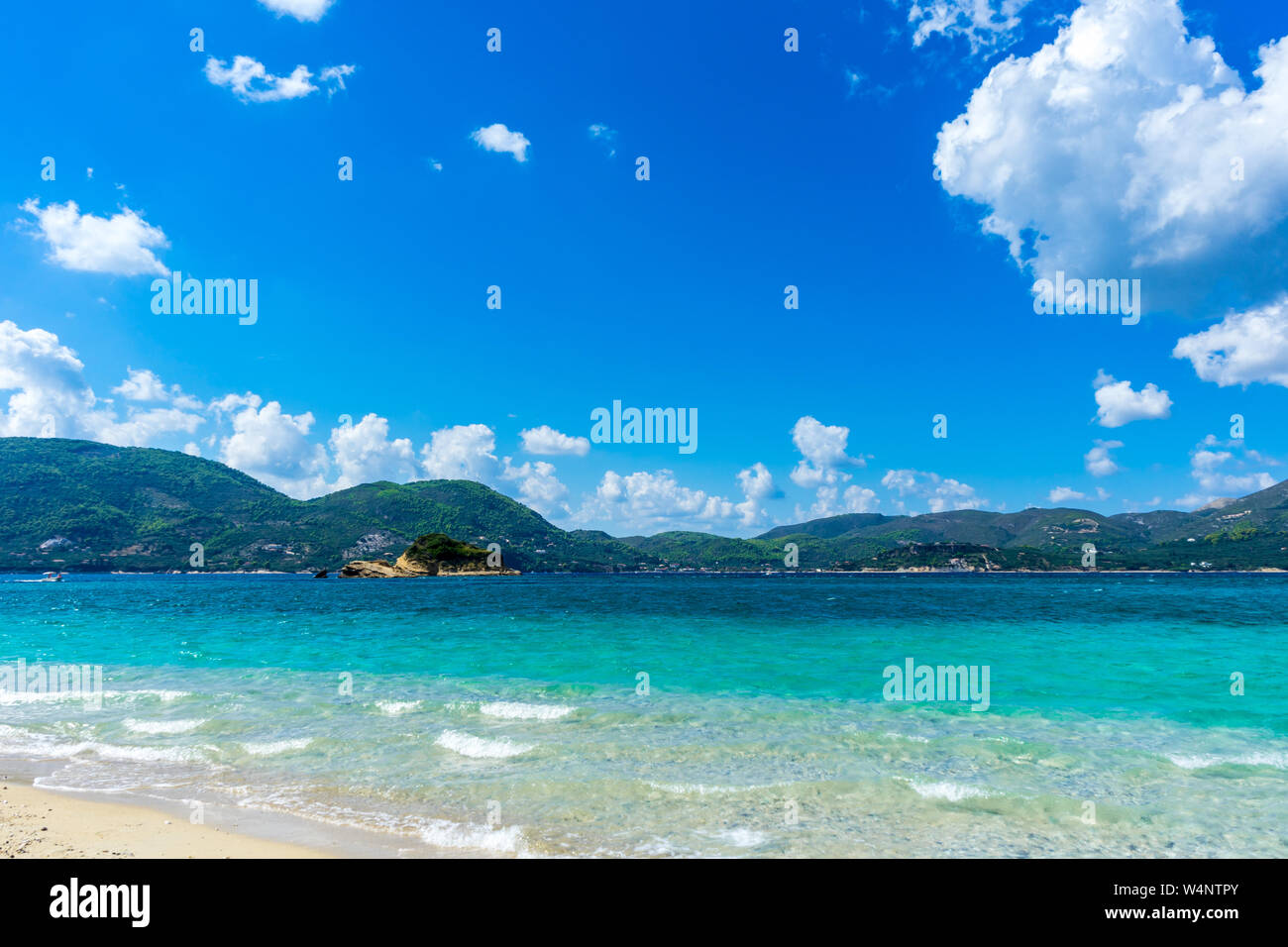 Greece, Zakynthos, Green mountainous nature landscape behind caribbean ...