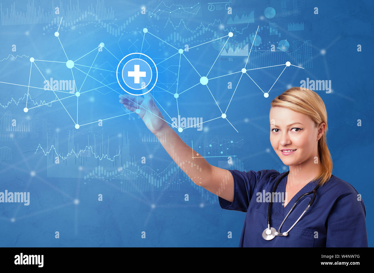 Doctor touching blue screen with virtual hospital concept Stock Photo ...