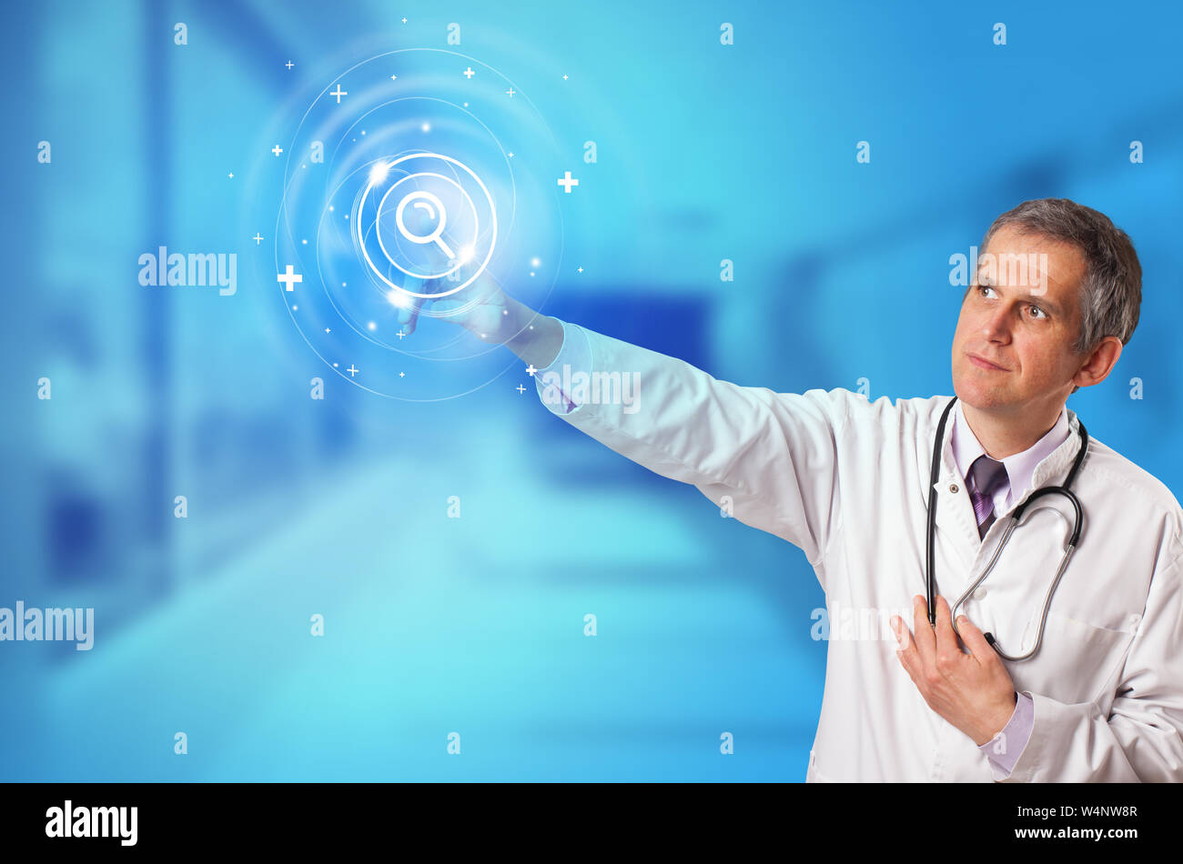 Doctor touching blue screen with call center concept Stock Photo - Alamy