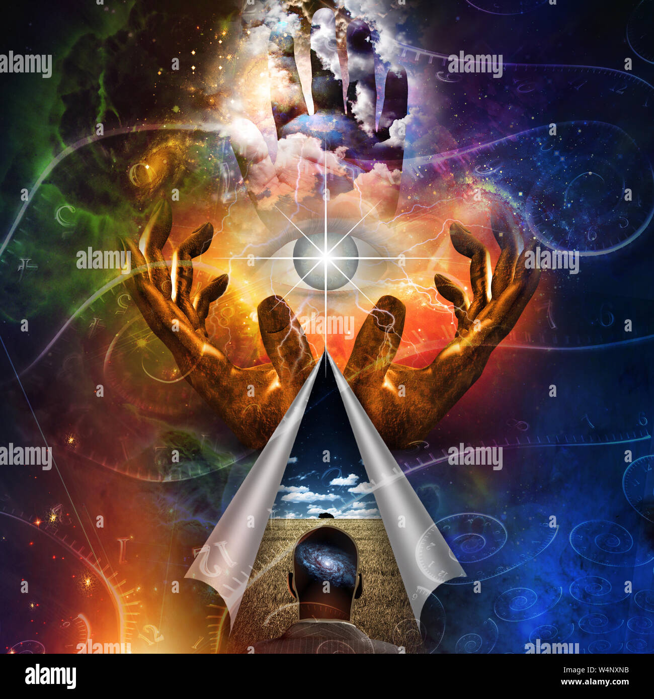 Spiritual painting. Hands of Creator and All seeing eye. Revelation of ...