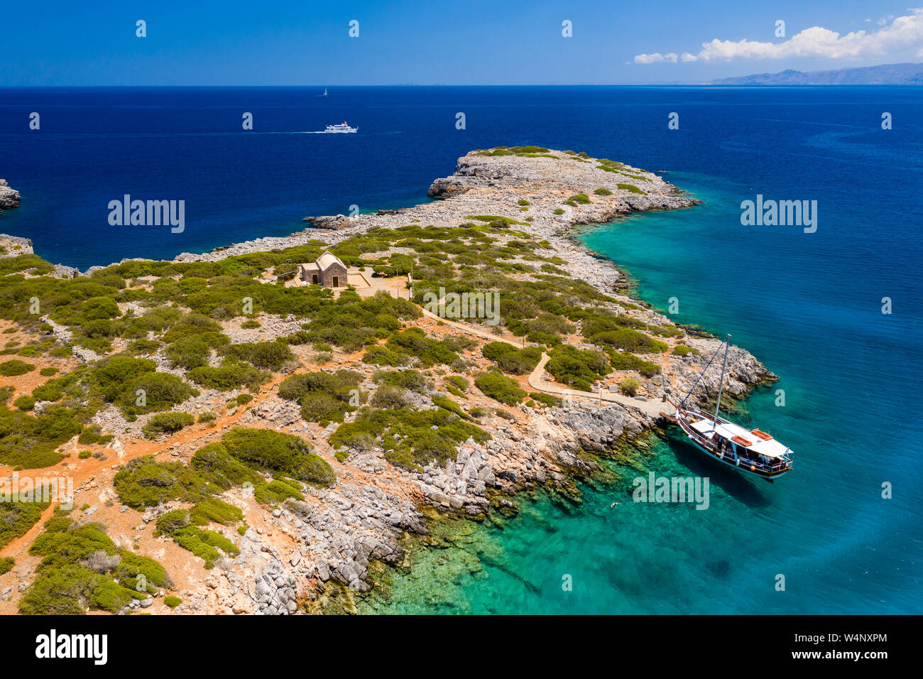Aerial drone view of traditional Greek wooden boats floating on the ...