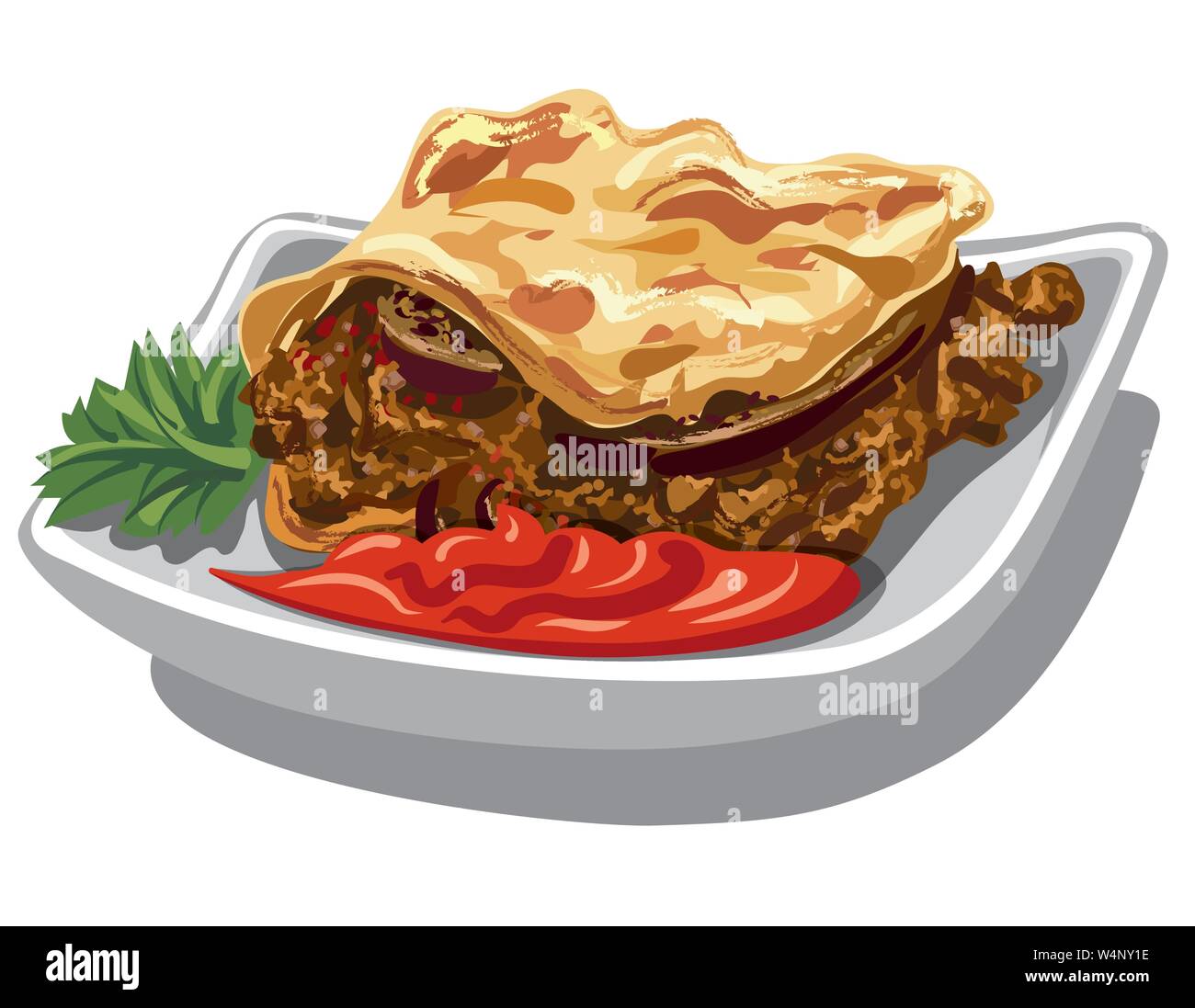 illustration of greek moussaka with tomato sauce on plate Stock Vector ...