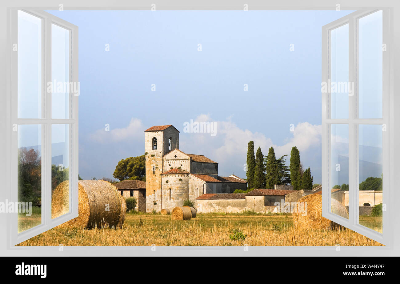 Italian romanesque church view from the window - concept image Stock ...