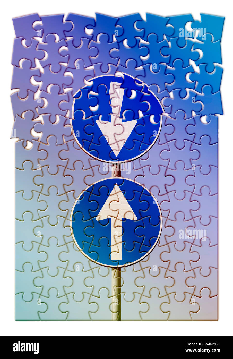 Contradiction concept image with road signs in jugsaw puzzle shape ...