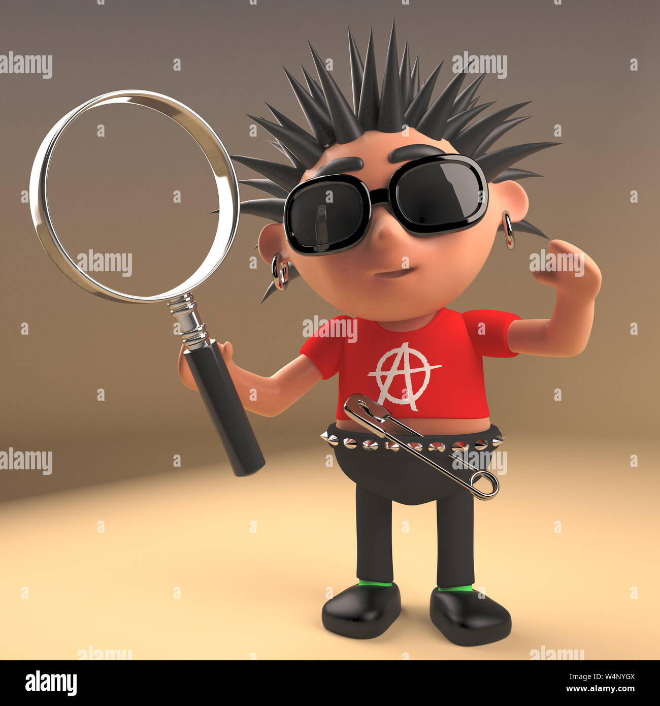 Vicious punk rocker kid holding a magnifying glass, 3d illustration ...