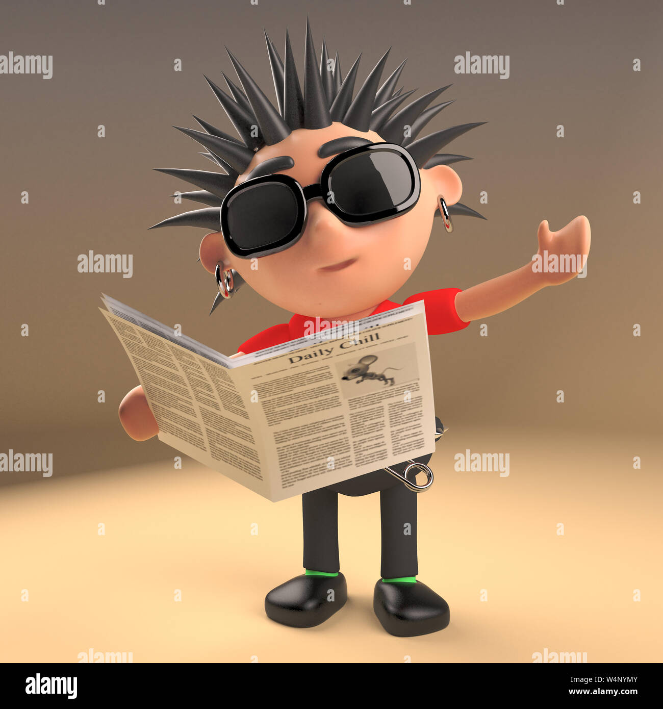 Funny punk rocker cartoon character reading a newspaper, 3d ...