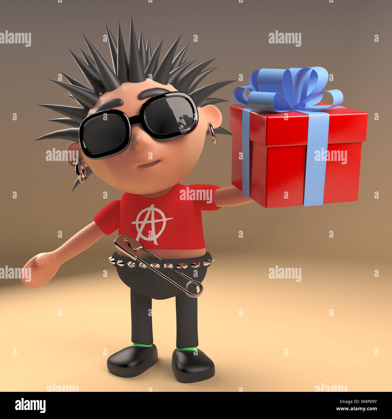 Generous punk rock cartoon character with a gift wrapped present, 3d ...