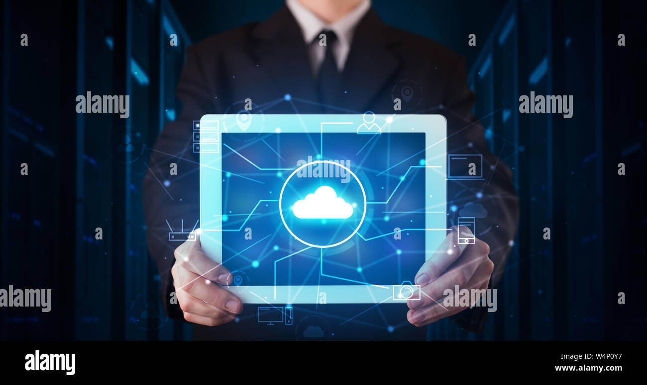 Formal hand in server room with virtual workspace concept Stock Photo ...