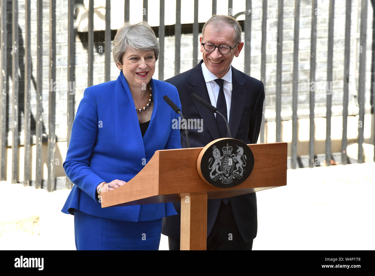 Theresa May with her husband Philip May delivers her speech in Downing ...