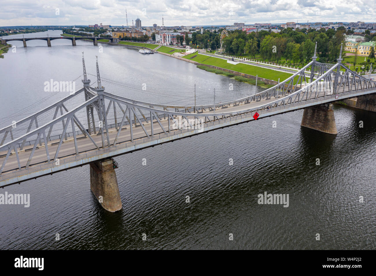 Top view of the old Volga bridge and the embankment of the city of Tver ...
