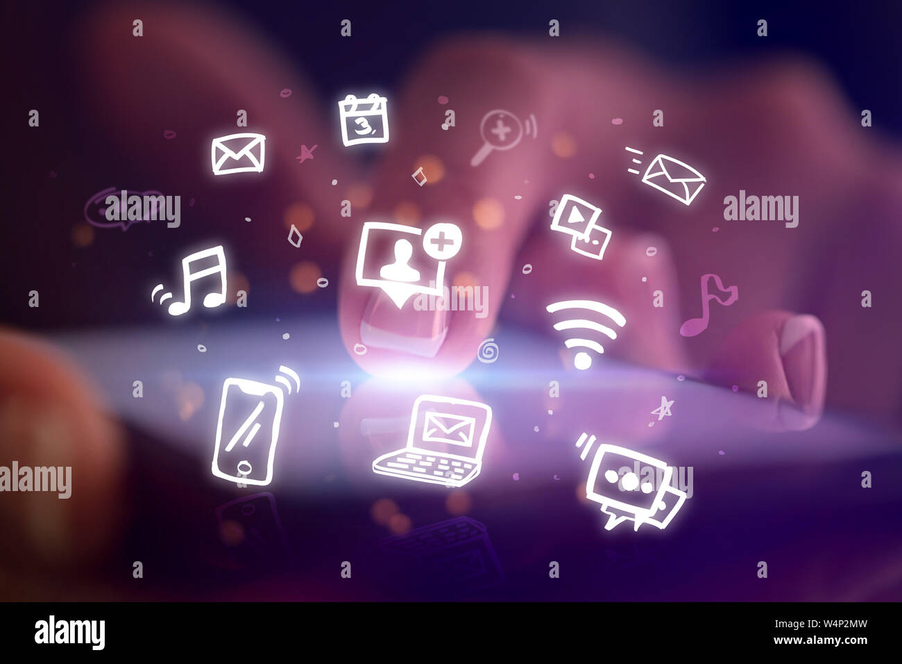 Finger touching phone with hologram application icons and dark ...