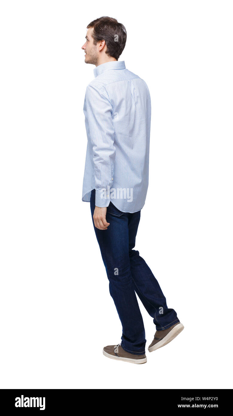 Side view of going handsome man. walking young guy . Rear view people ...