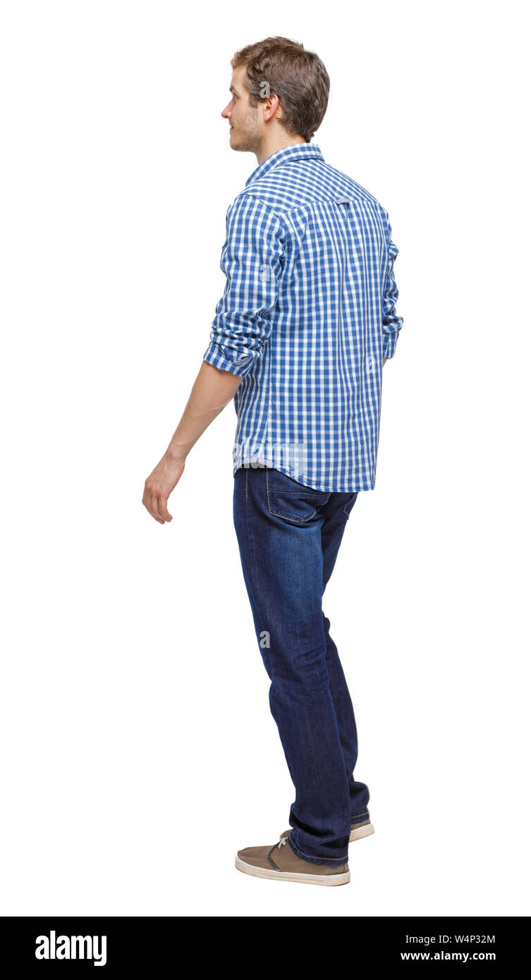 Side view of going handsome man. walking young guy . Rear view people ...