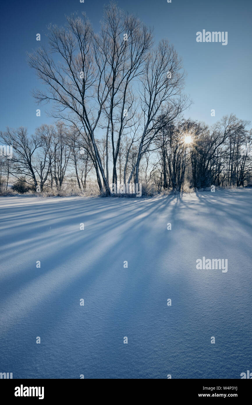 Beautiful morning scenery with a snow covered landscape and the sun ...