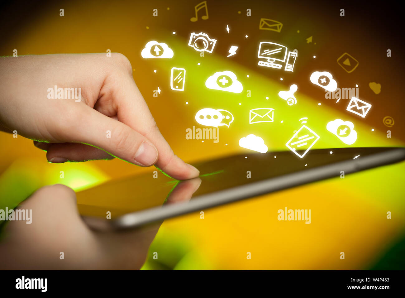 Hand holding tablet with social media concept Stock Photo - Alamy