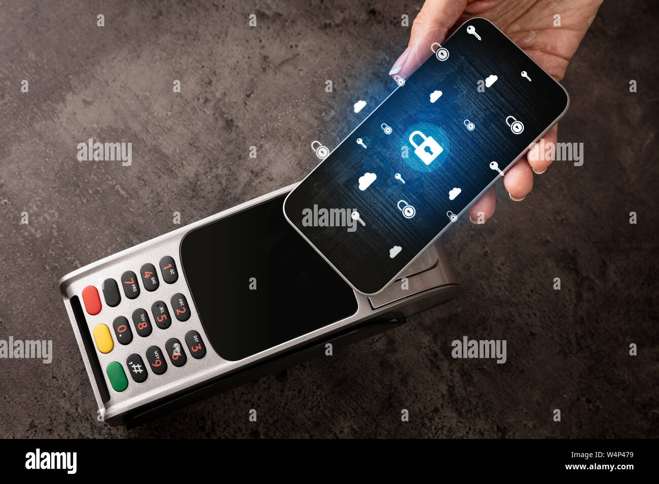 Hand paying with cellphone on POS, secure payment concept Stock Photo ...