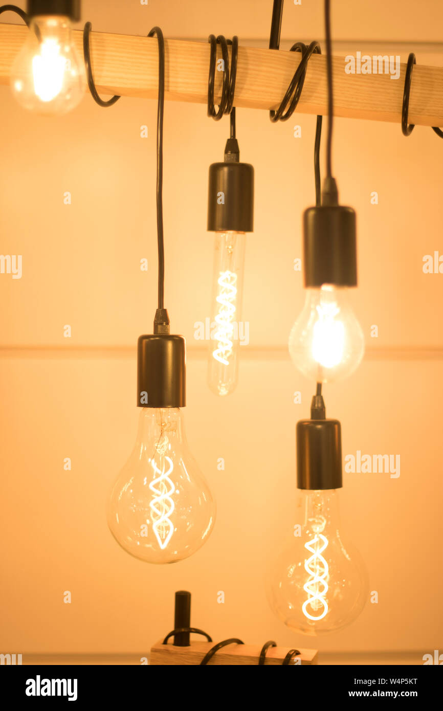 LED modern lights and bulbs on display in store lighting department ...
