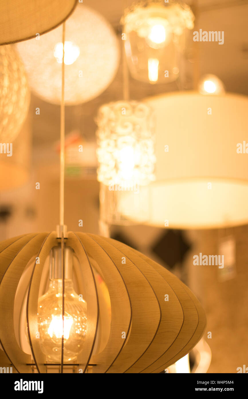LED modern lights and bulbs on display in store lighting department ...