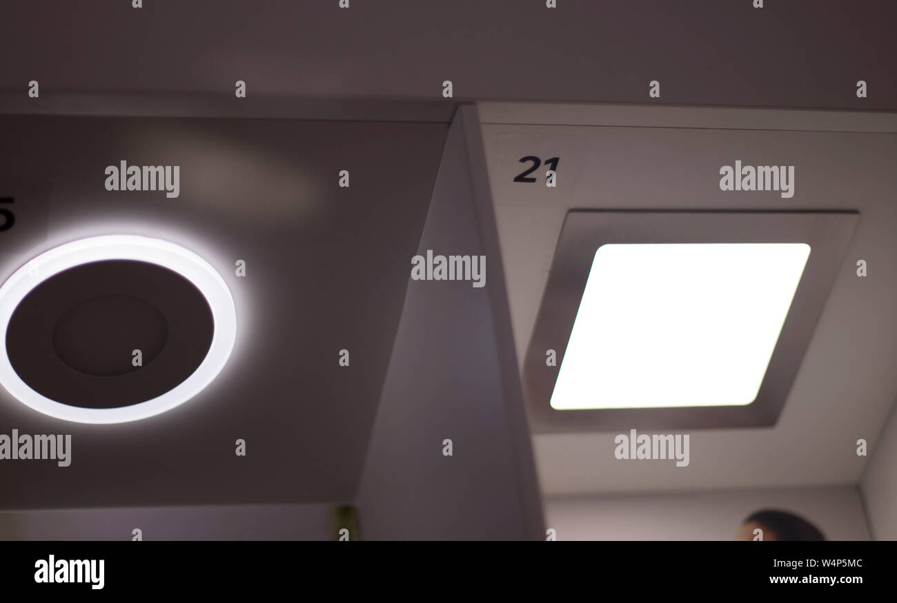 LED modern lights and bulbs on display in store lighting department ...