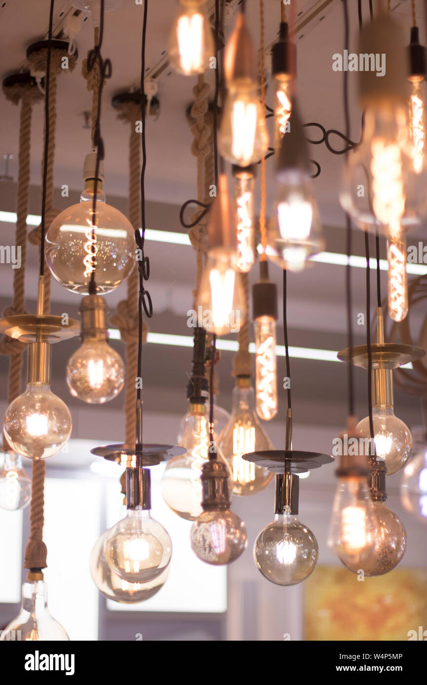 LED modern lights and bulbs on display in store lighting department ...