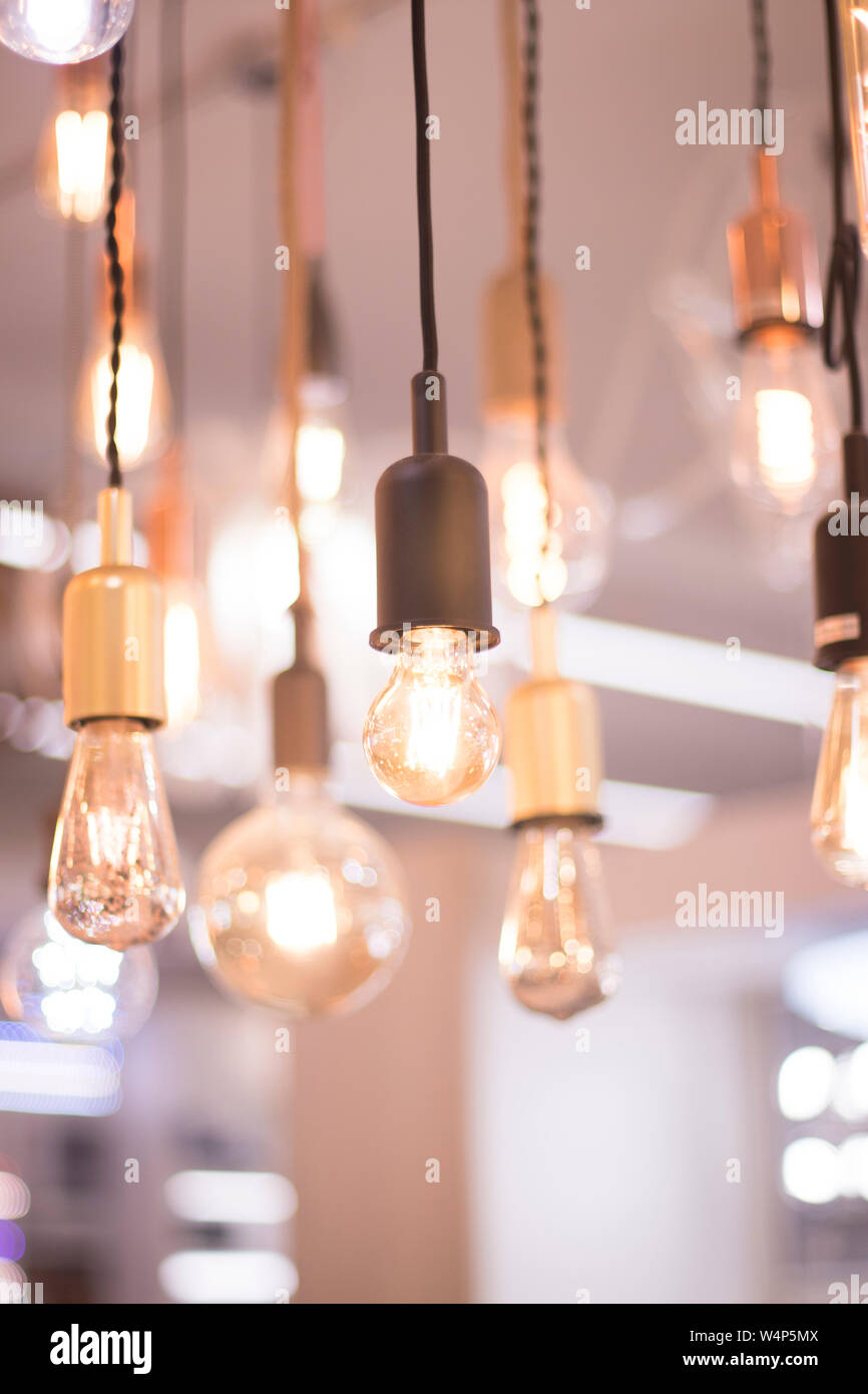 LED modern lights and bulbs on display in store lighting department ...