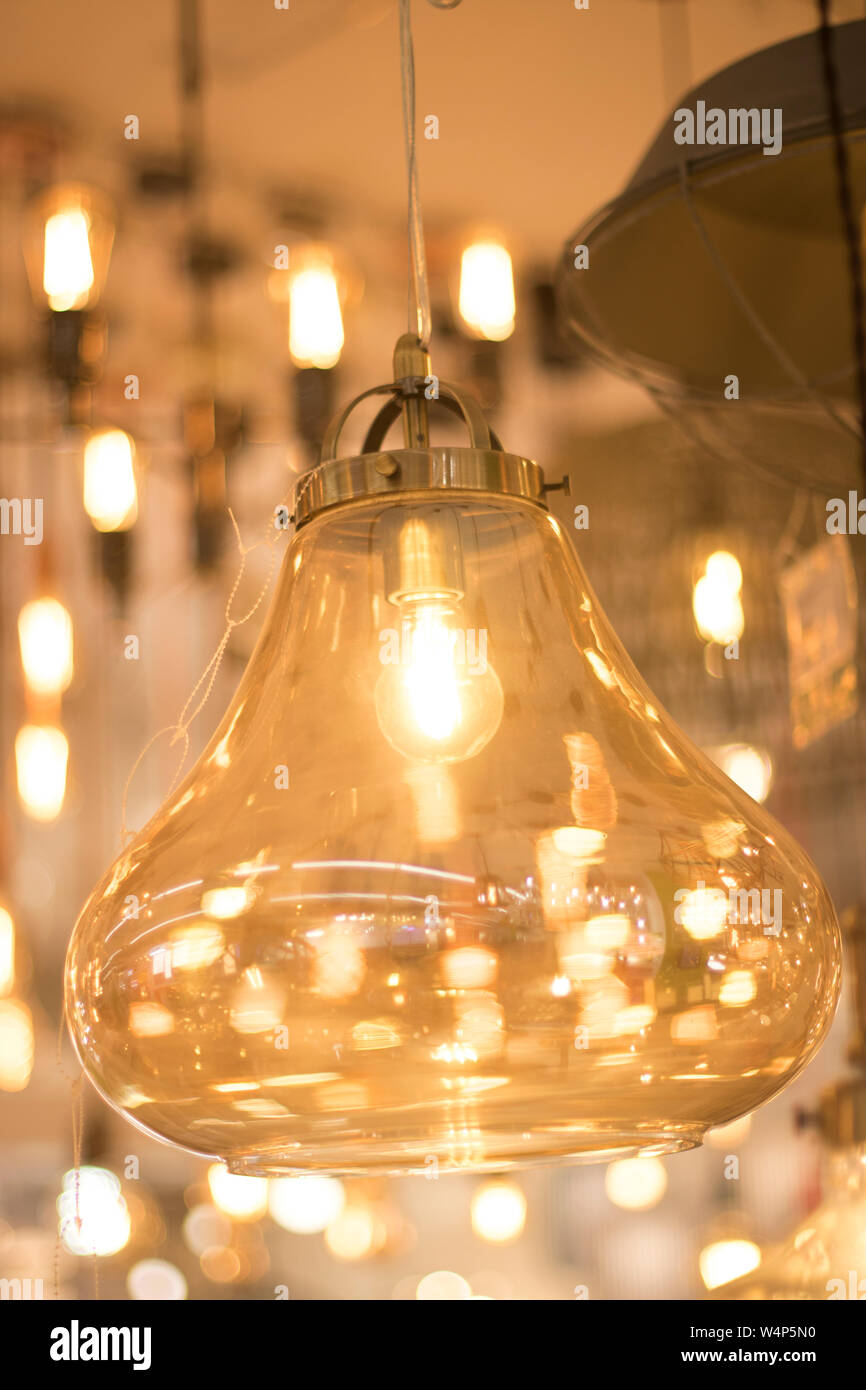 LED modern lights and bulbs on display in store lighting department ...