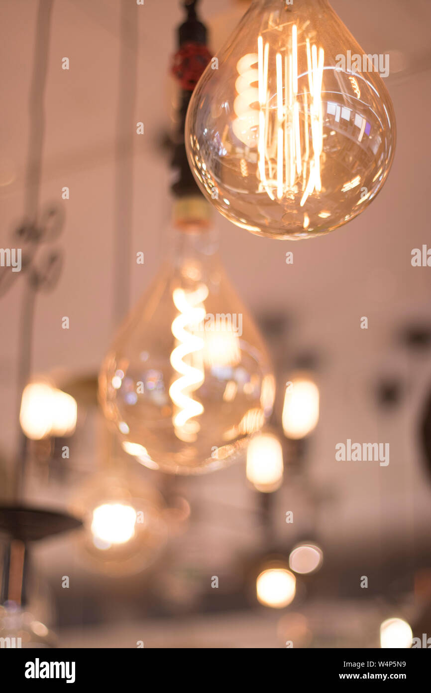 LED modern lights and bulbs on display in store lighting department ...