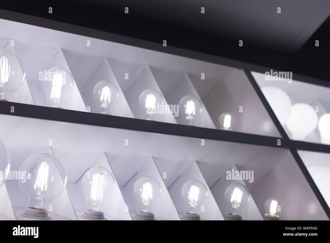 LED modern lights and bulbs on display in store lighting department ...