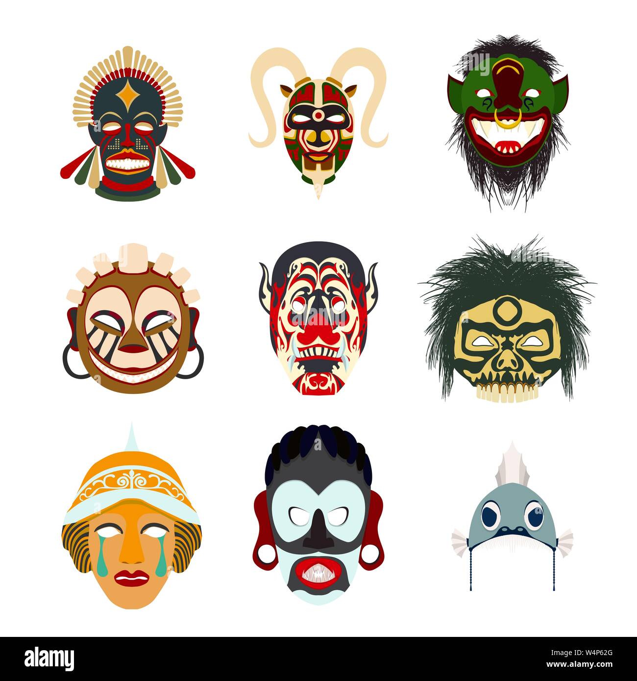 Vector tribal masks set, isolated objects over white background Stock ...