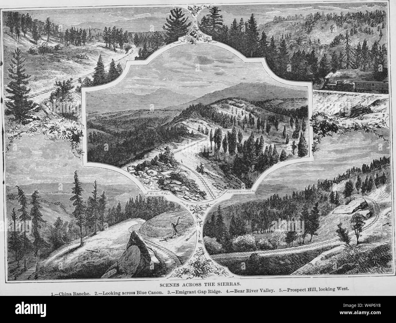 Engraving of the Sierra Nevada Mountain scenery, China Ranch, Blue ...