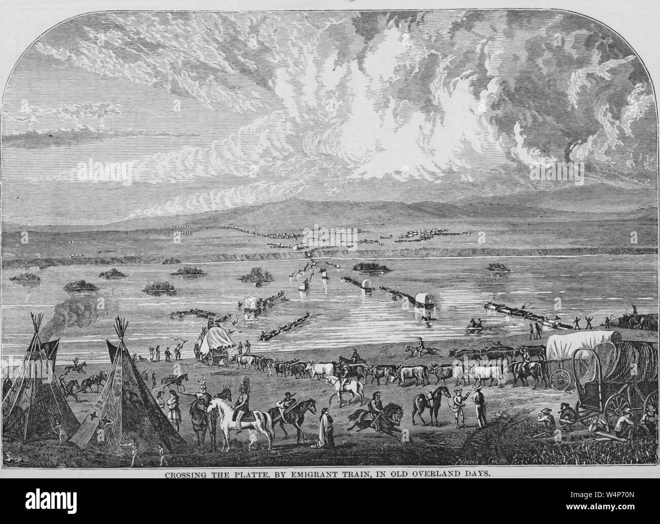 Engraving of the emigrants crossing the Platte River in old overland ...