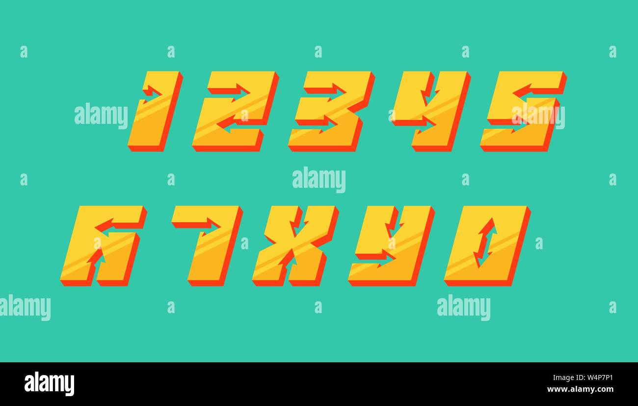 Numbers 123 color set in 3d italic vintage style with arrows in speedy ...