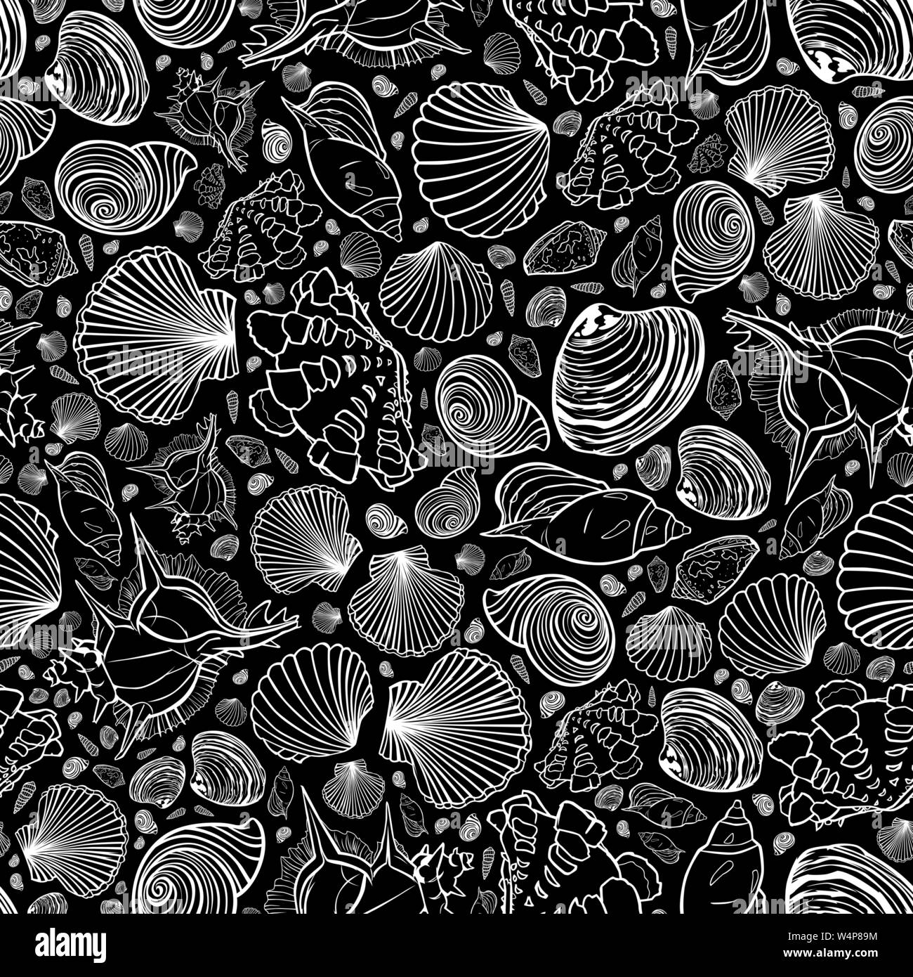 Vector black and white repeat pattern with variety of seashells ...