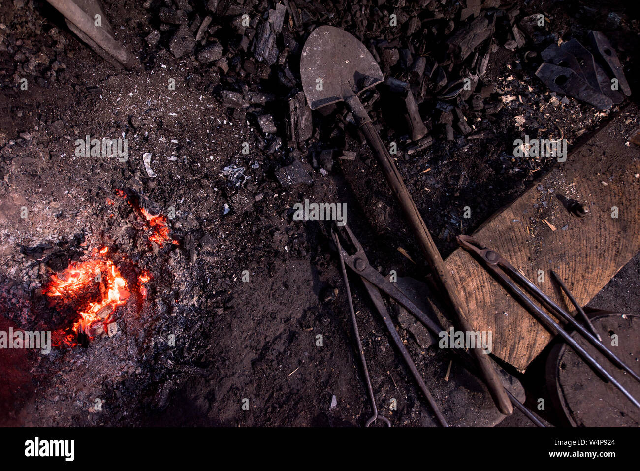 top view of traditional blacksmith furnace with burning fire Burning ...