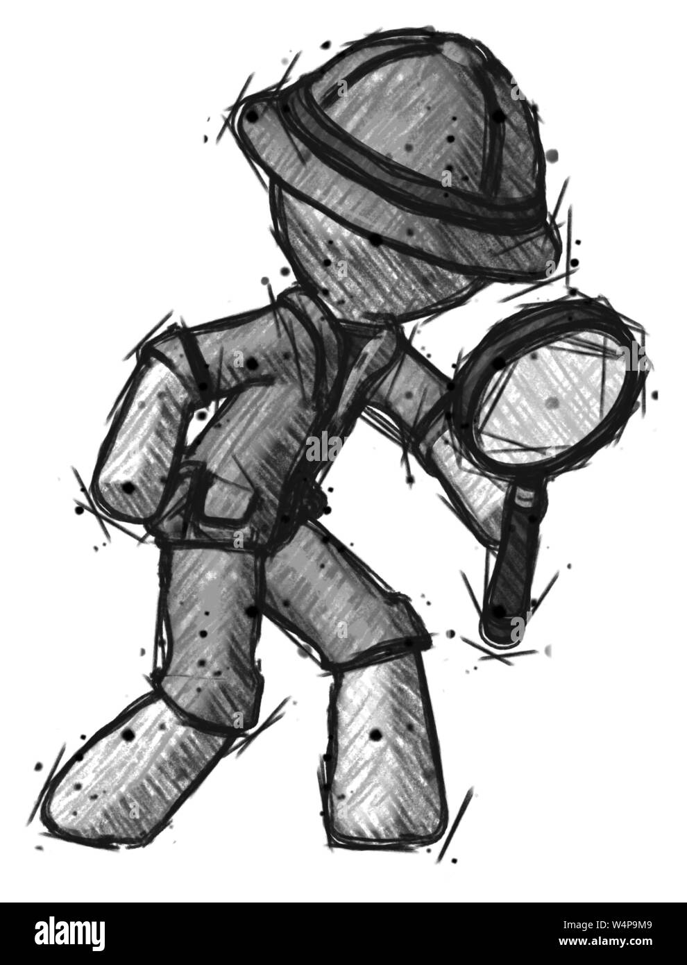 Sketch explorer ranger man inspecting with large magnifying glass right ...