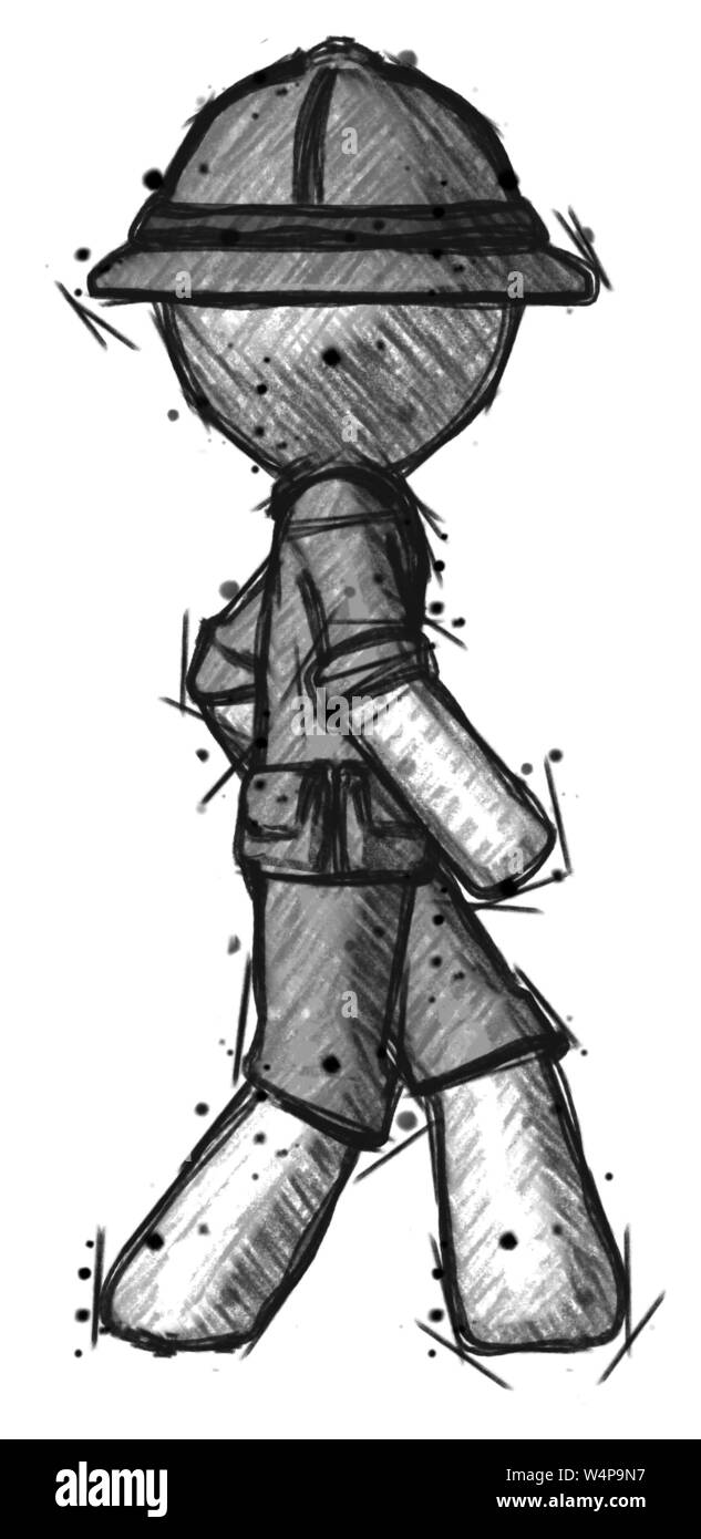 Sketch explorer ranger man walking right side view Stock Photo - Alamy