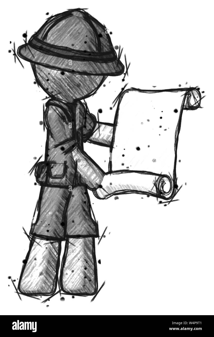Sketch explorer ranger man holding blueprints or scroll Stock Photo - Alamy