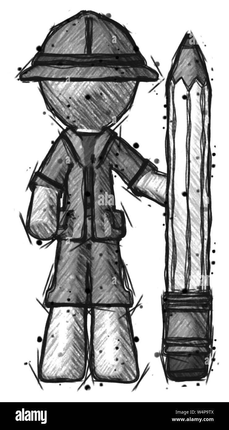 Sketch explorer ranger man with large pencil standing ready to write ...