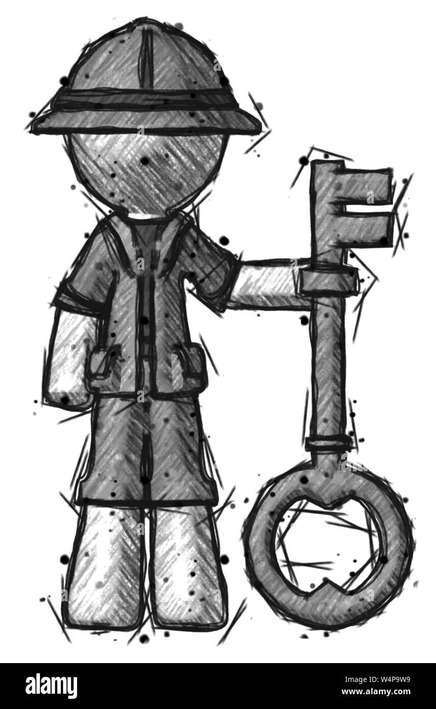 Sketch explorer ranger man holding key made of gold Stock Photo - Alamy