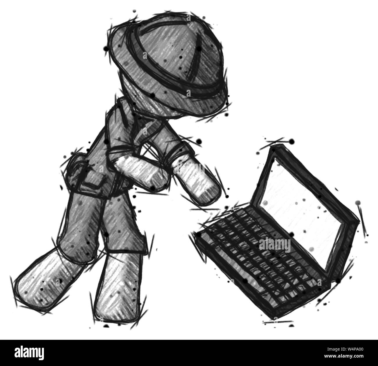 Sketch explorer ranger man throwing laptop computer in frustration ...