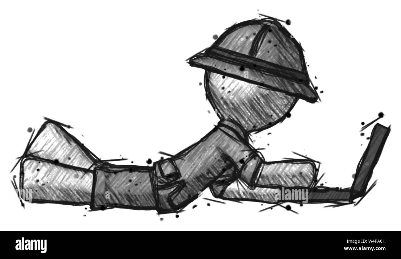 Sketch explorer ranger man using laptop computer while lying on floor ...