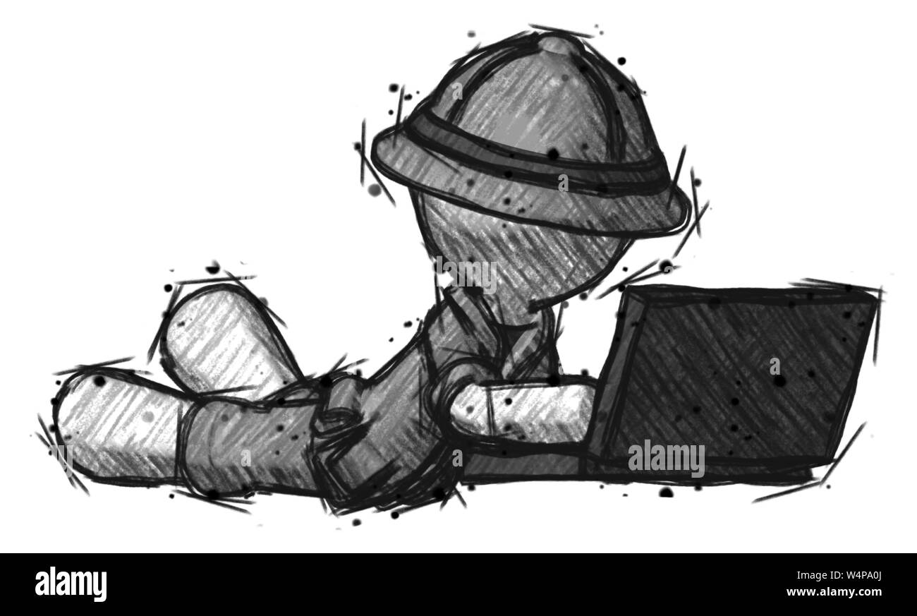 Sketch explorer ranger man using laptop computer while lying on floor ...