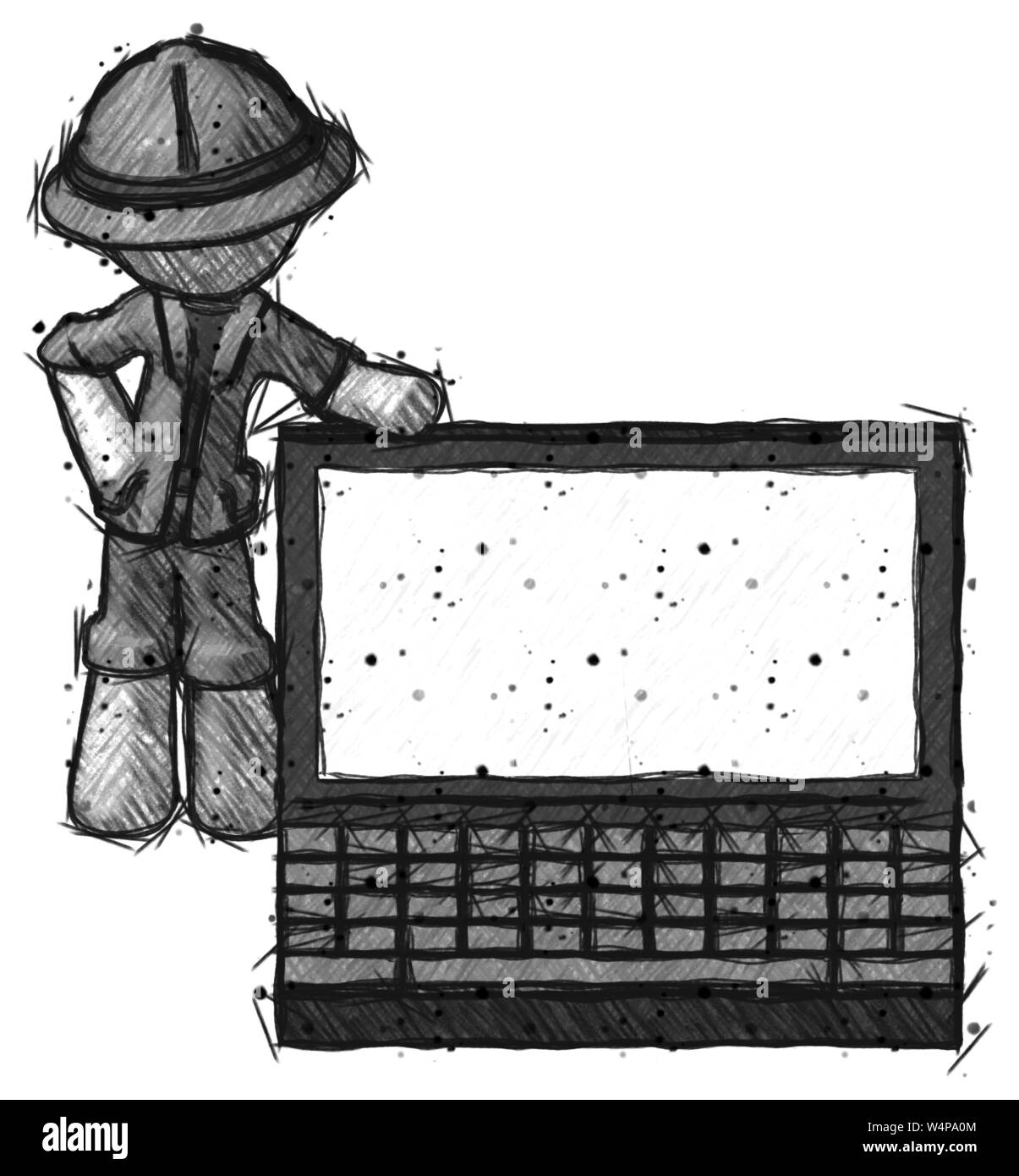 Sketch explorer ranger man beside large laptop computer, leaning ...