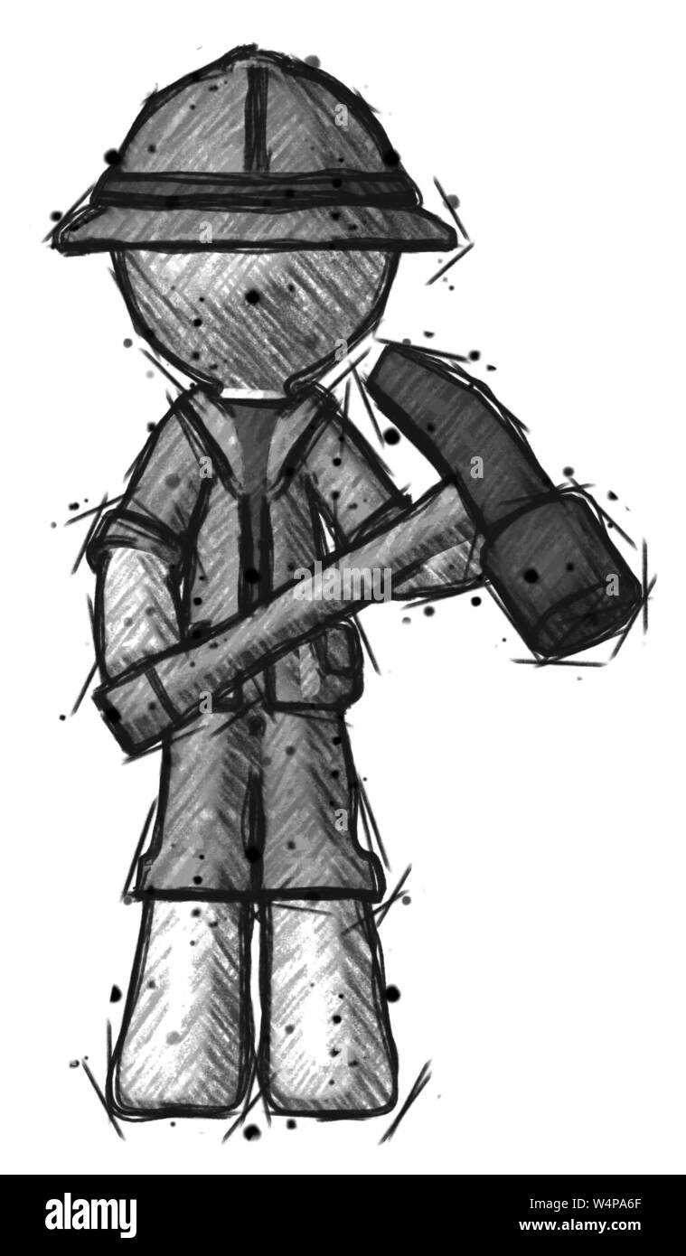 Sketch explorer ranger man holding hammer ready to work Stock Photo - Alamy